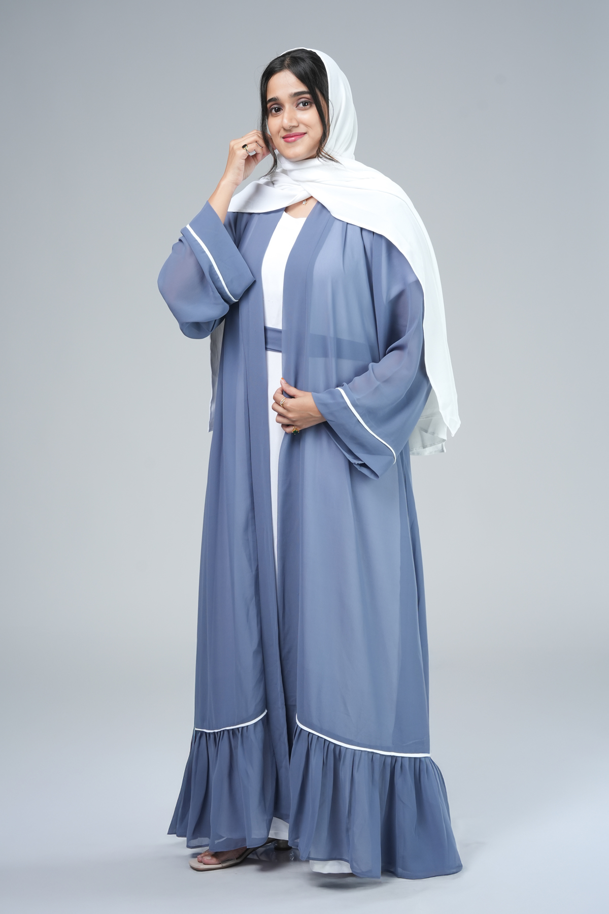 Sky Blue Ruffle Abaya with White Piping – Naevia | Qasas India