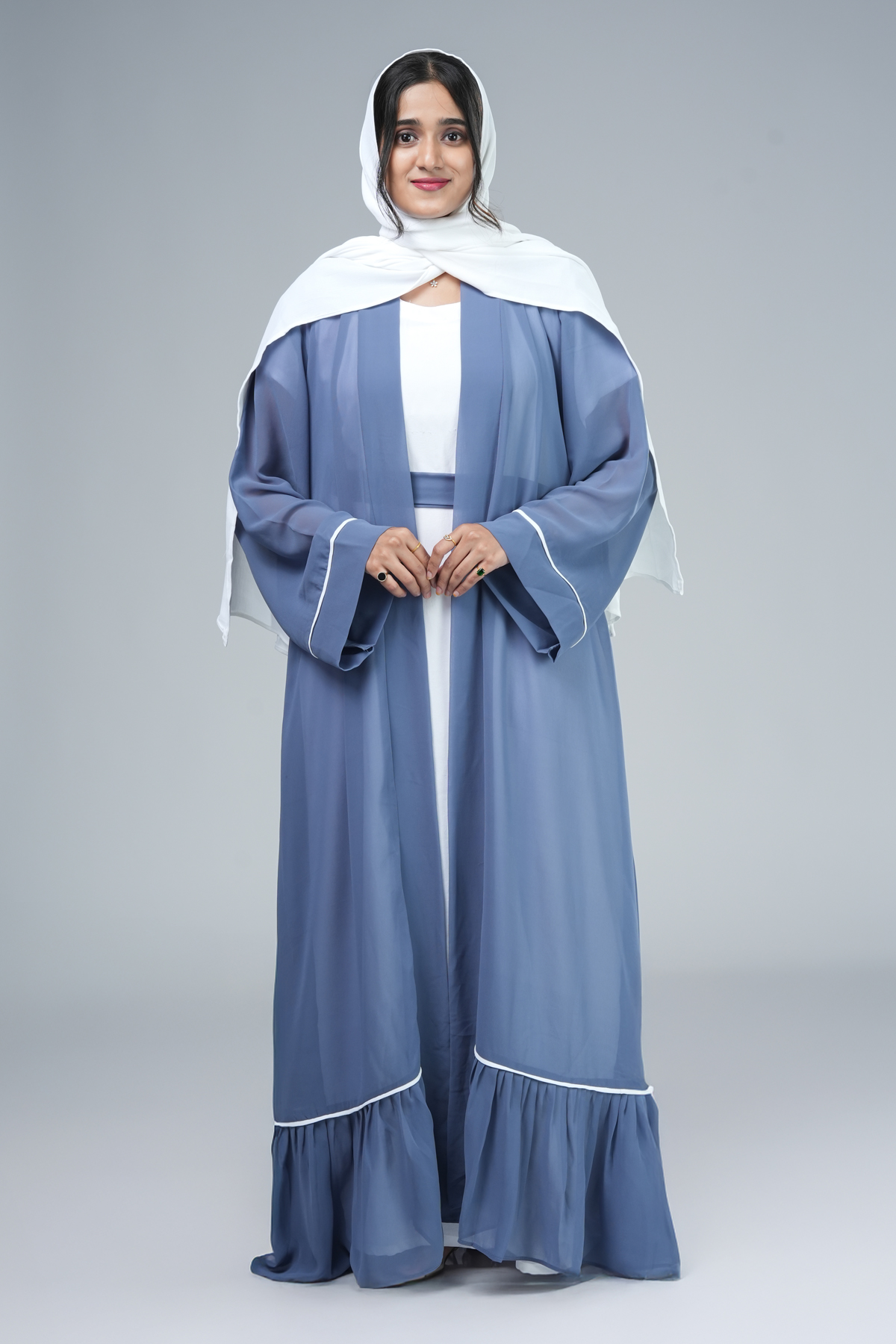 Sky Blue Ruffle Abaya with White Piping – Naevia | Qasas India