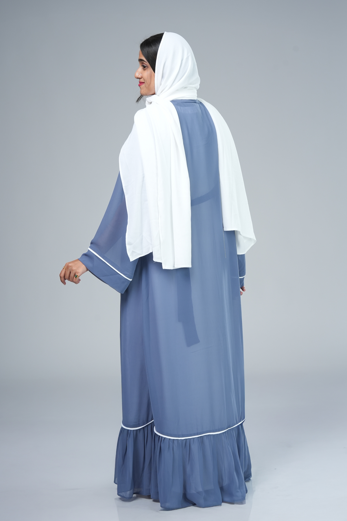 Sky Blue Ruffle Abaya with White Piping – Naevia | Qasas India